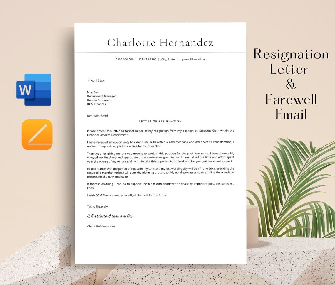 Resignation Letter Template, Microsoft Word & Pages Template, Letter of ...