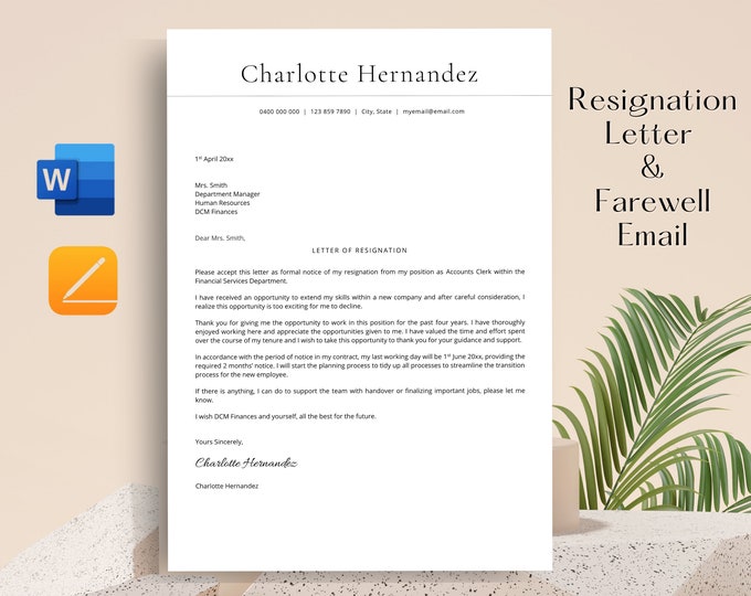 Resignation Letter Template, Microsoft Word & Pages Template, Letter of ...
