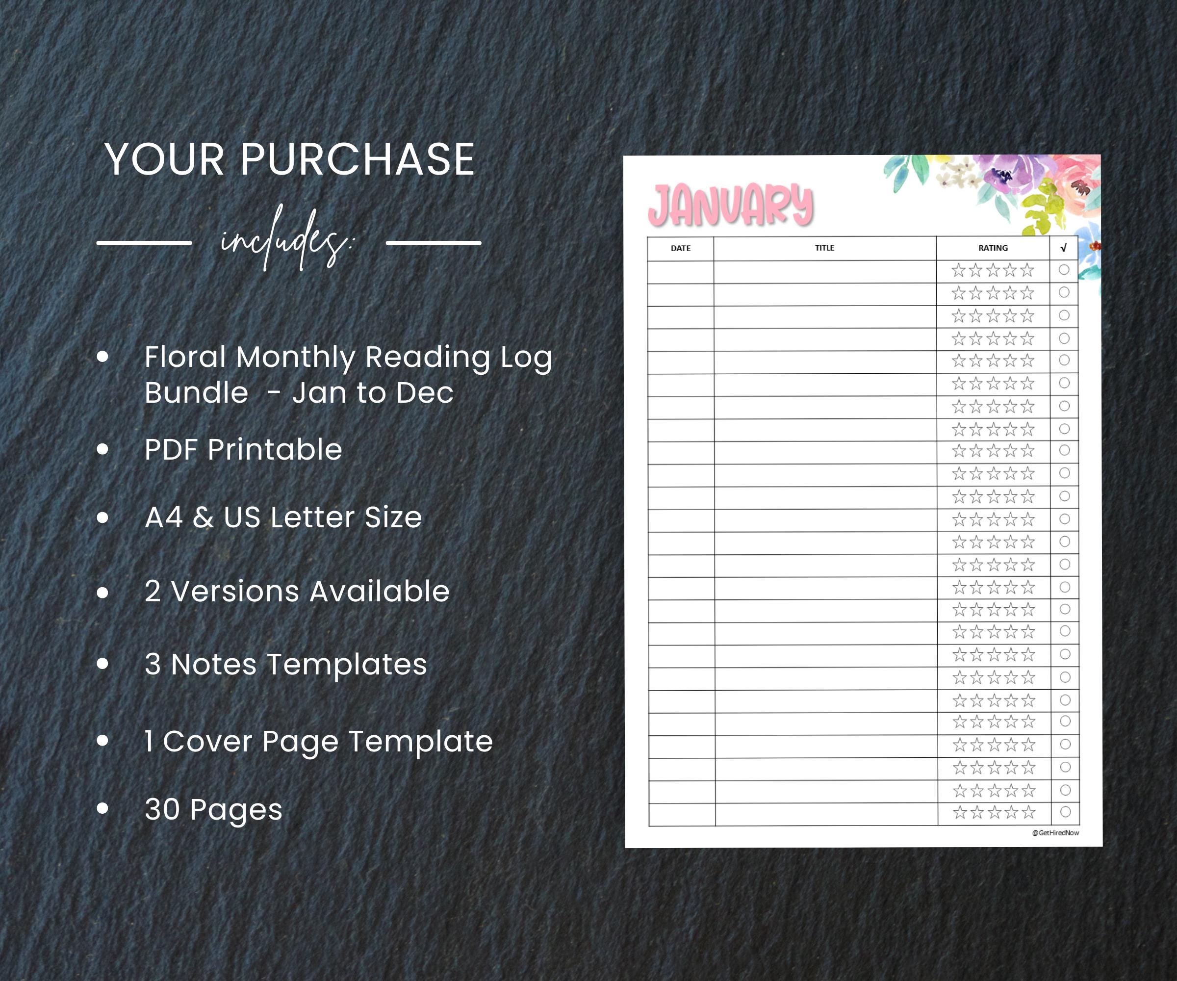 Reading Log Printable, Monthly Reading Log, Reading Log Book, Book ...
