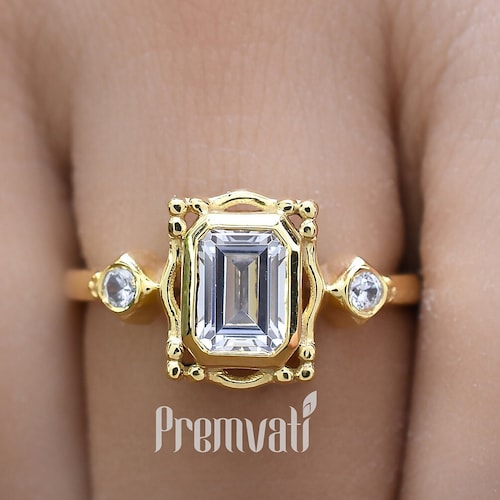 Emerald Cut Bezel Set Engagement Ring / Solitaire Accent Ring - Etsy