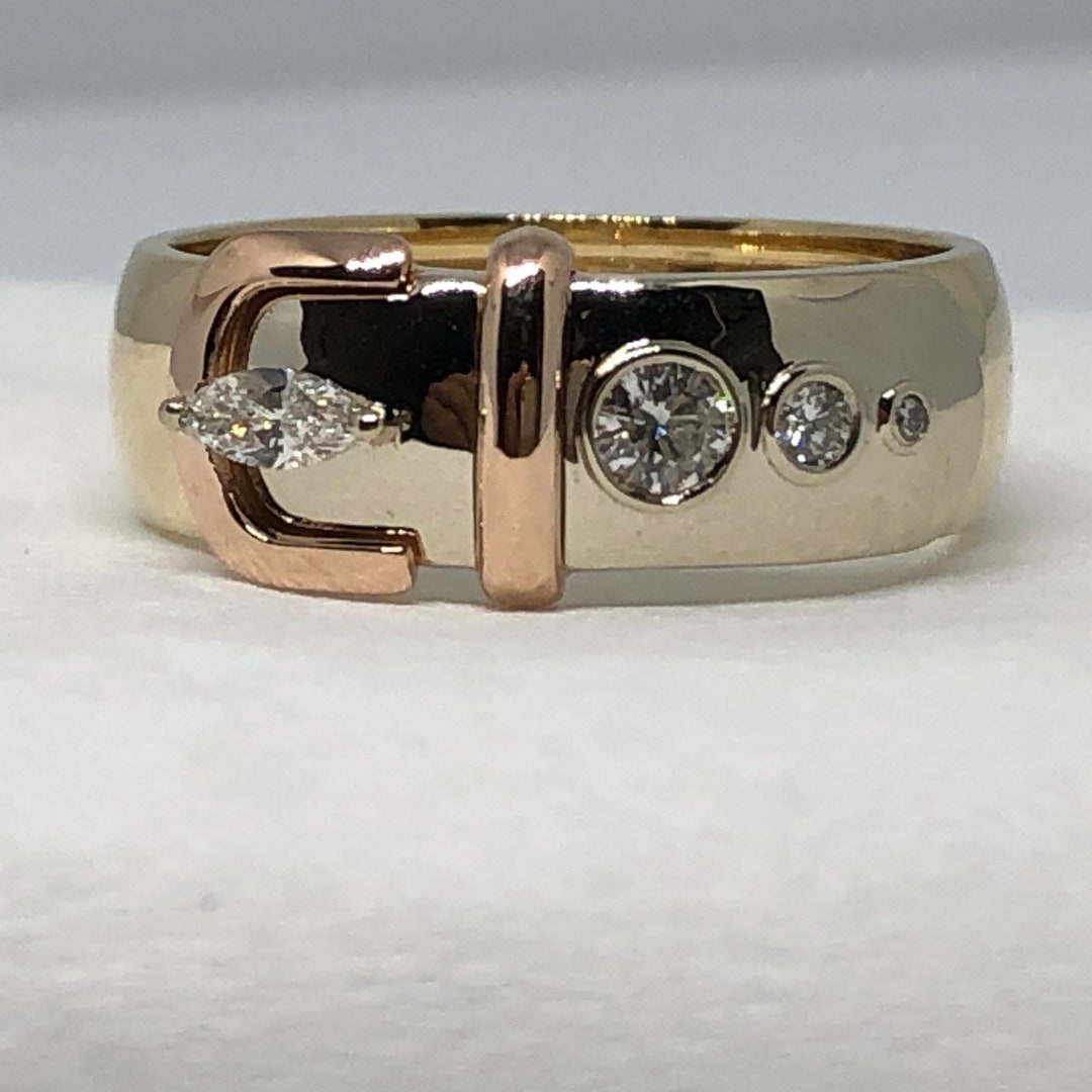 Classic 14K Gold Men's Ring, Vintage Belt Buckle Ring, Marquise Cut ...