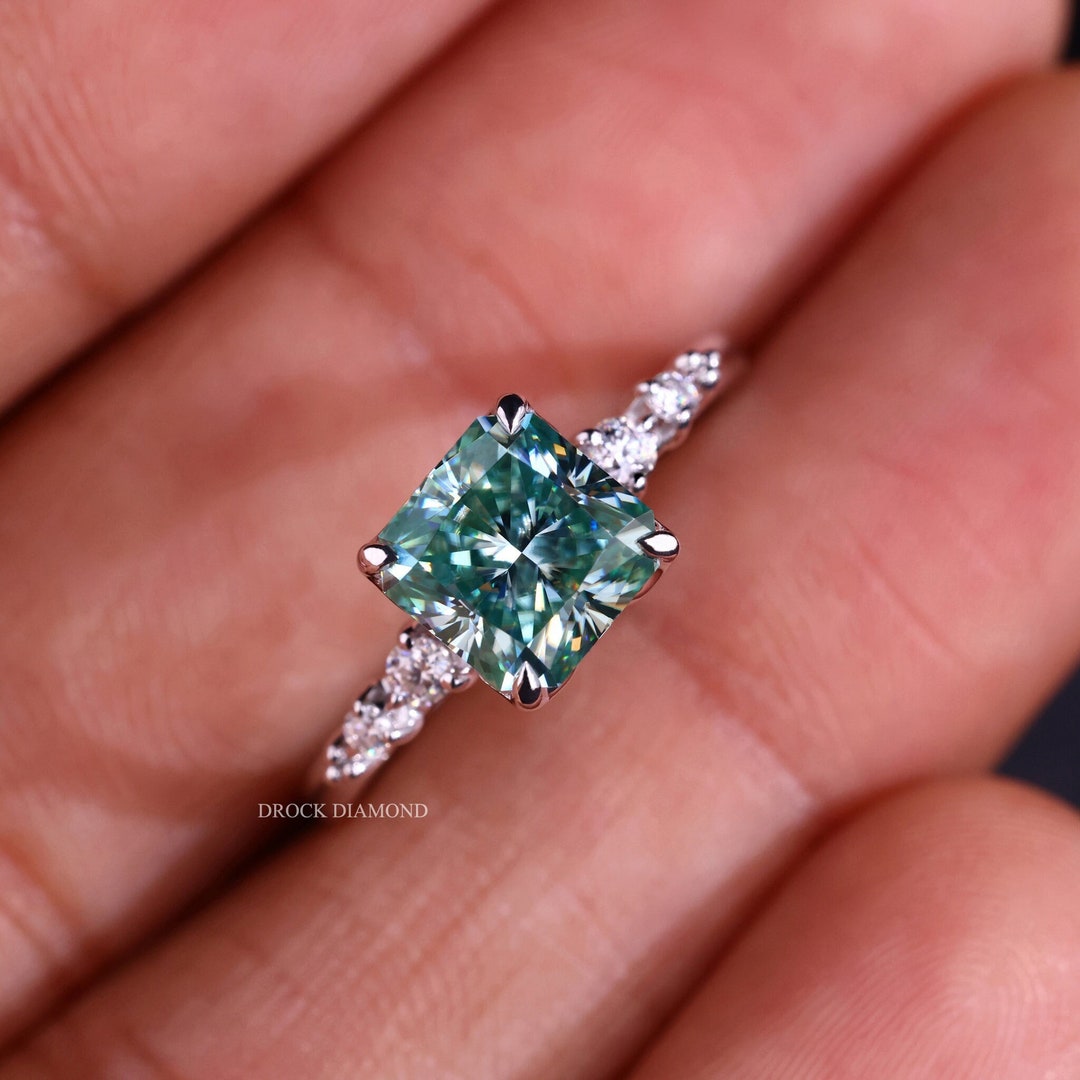 1.47 CT Radiant Cut Cyan Blue Moissanite Engagement Ring, Round Side ...