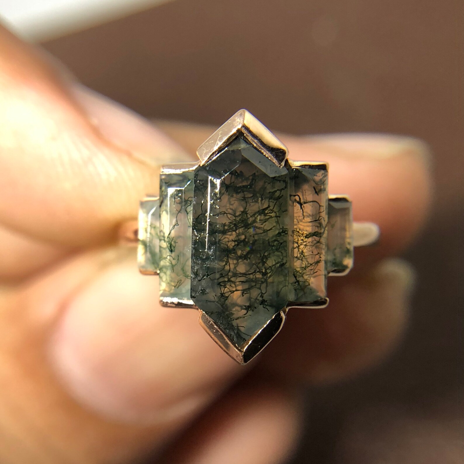 Moss Agate Ring Geometric Agate Ring Moss Agate Engagement | Etsy
