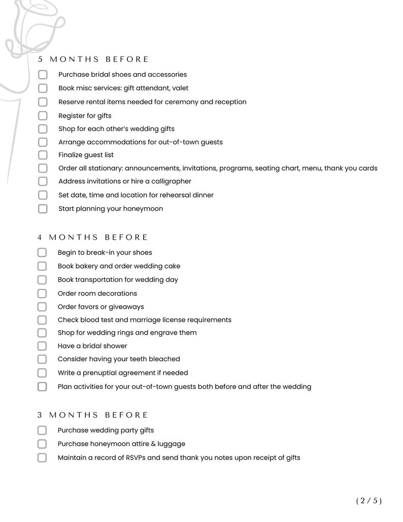 Wedding Monthly To Do Printable Checklist Wedding Planner List