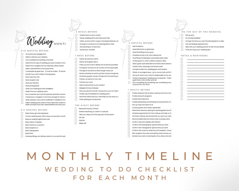 Wedding Monthly to Do Checklist Printable Wedding Planner Instant ...