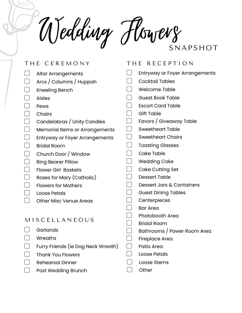 Wedding Flowers Checklist Printable Flowers Guide Complete Flower List ...
