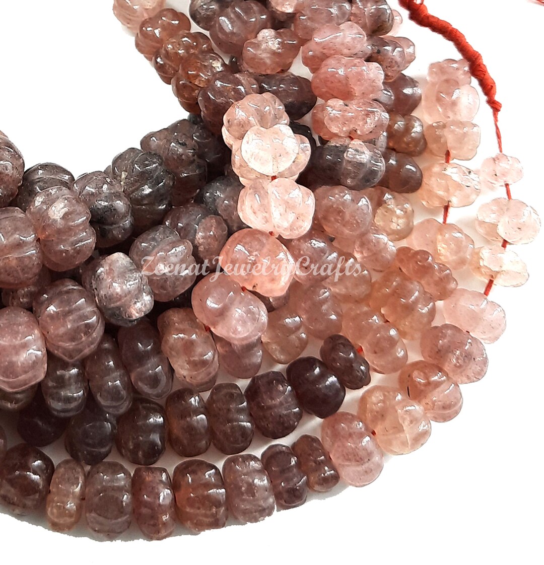 8" Natural Red Strawberry Carved Melon Rondelle Gemstone Beads ...