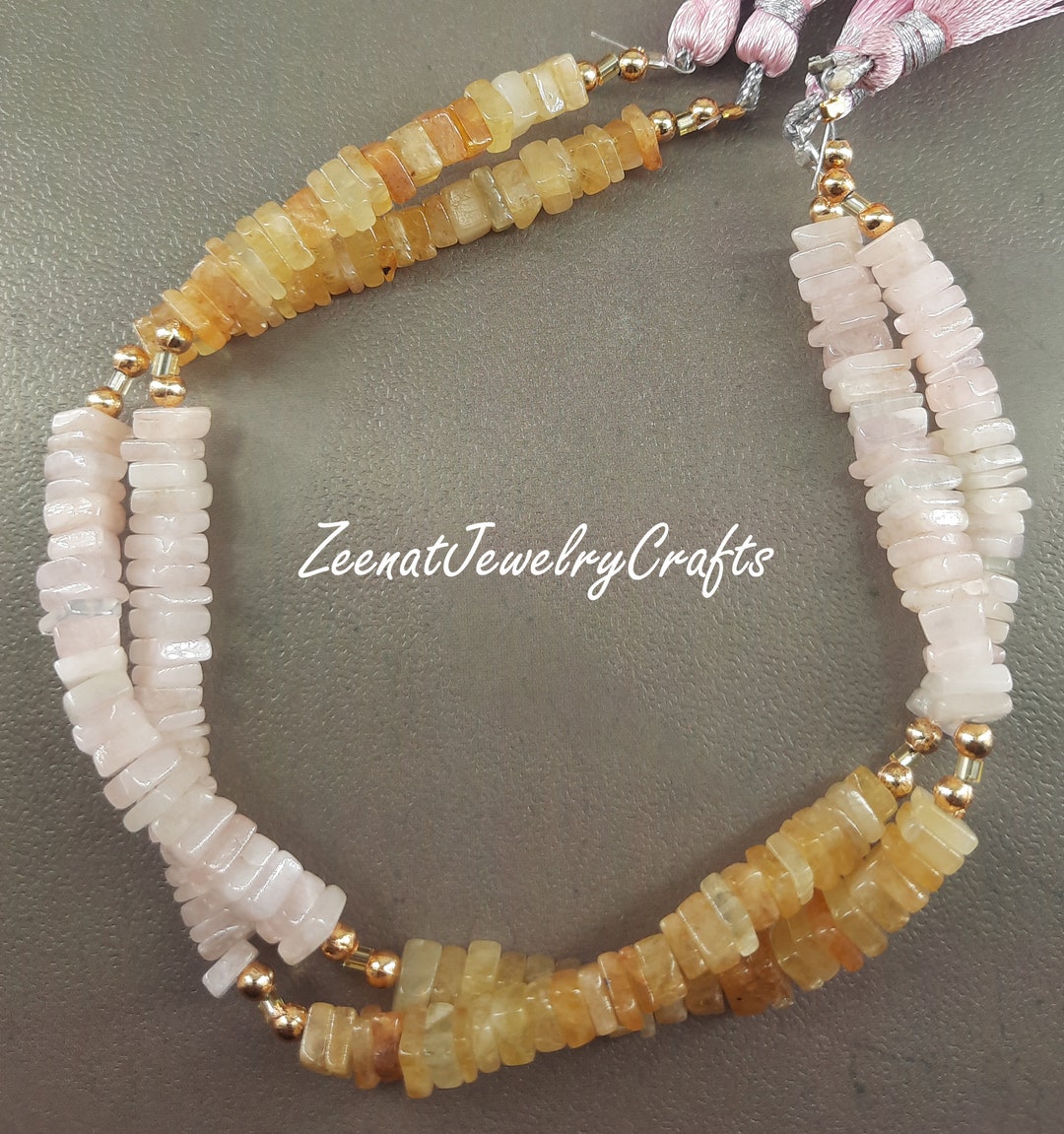 8" Natural Yellow Quartz / Morganite Smooth Heishi Square Shape ...