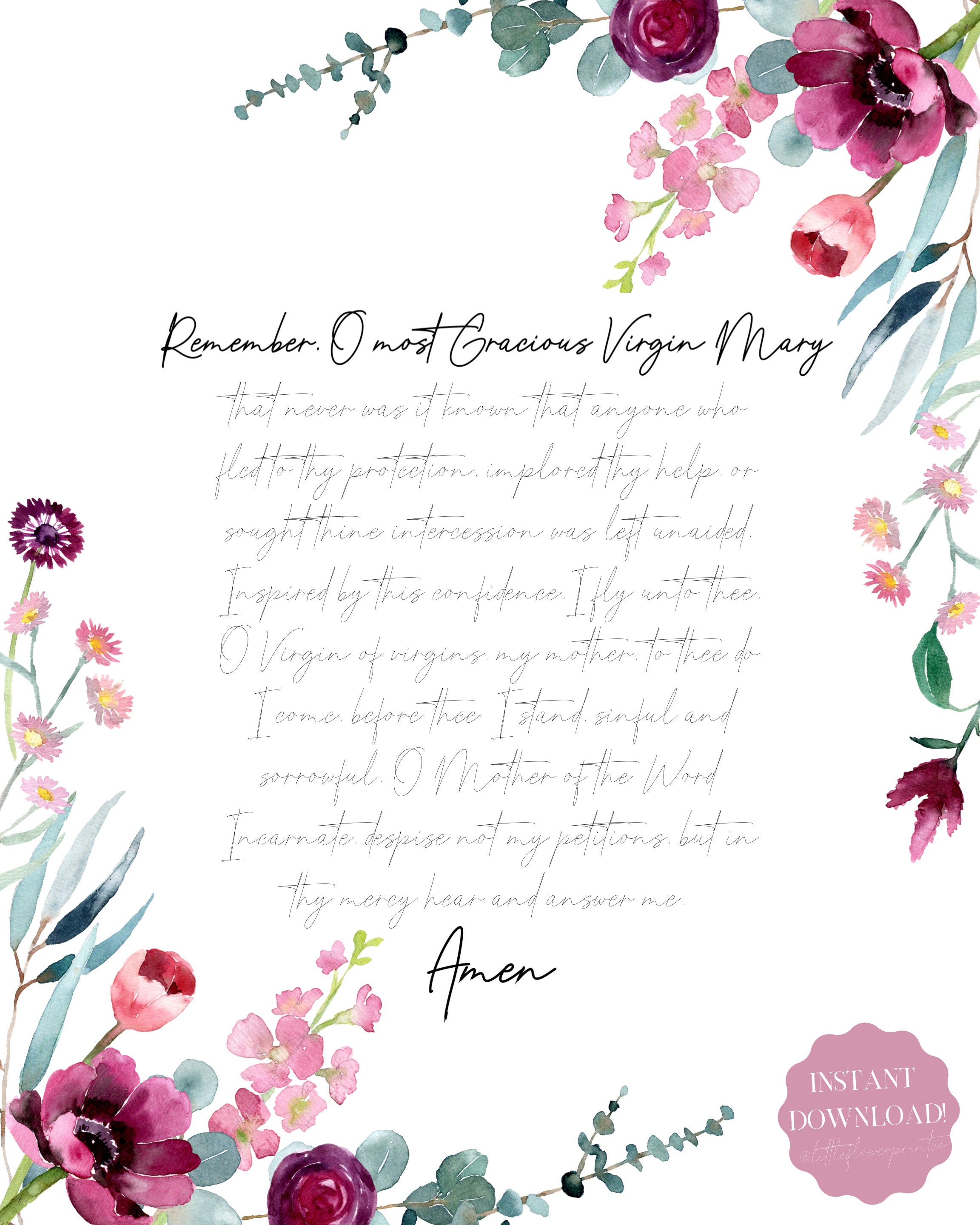 Memorare Prayer Print - Catholic Prayer to Our Lady Printable ...