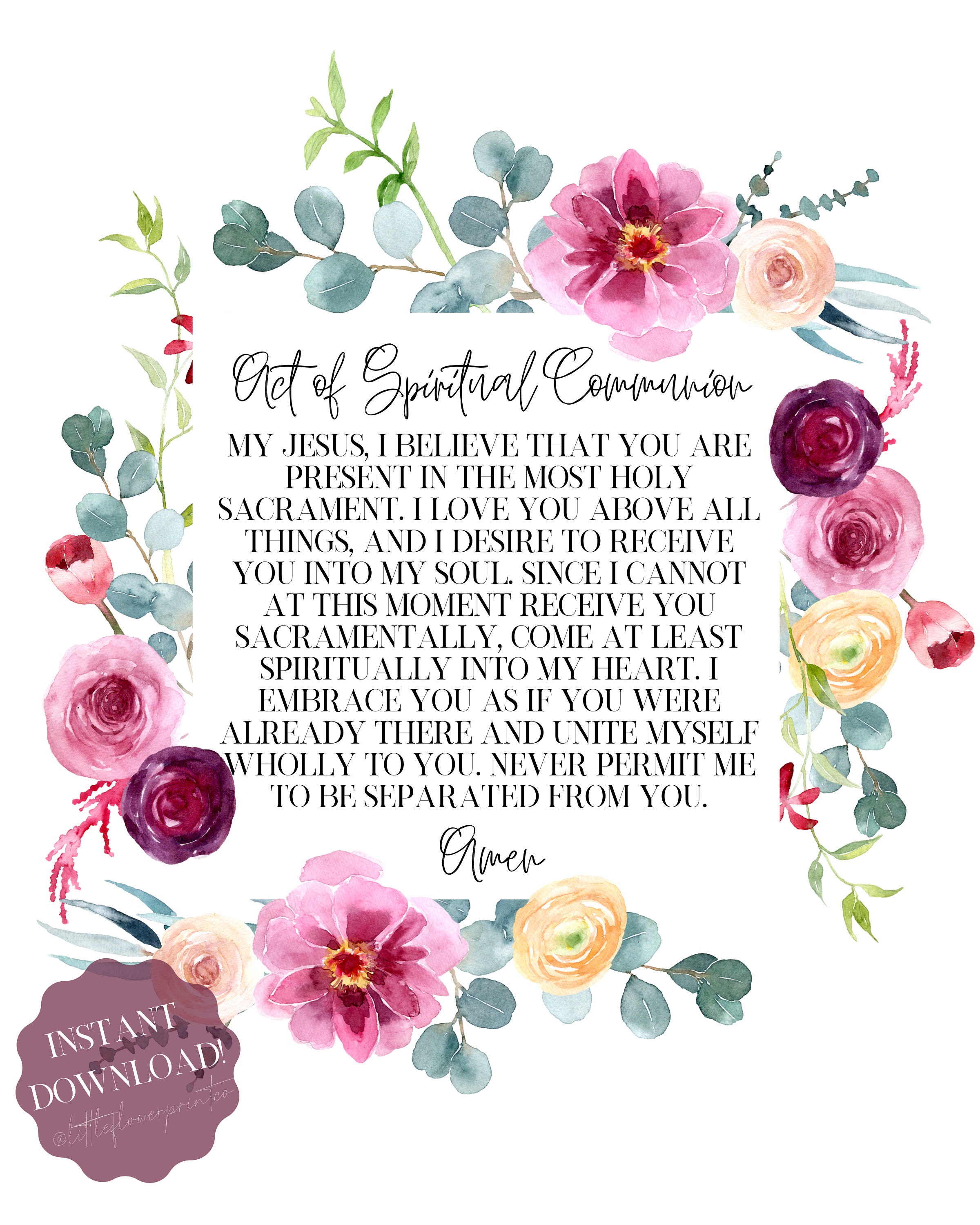 Act of Spiritual Communion Prayer Print (floral) - Catholic Prayer ...
