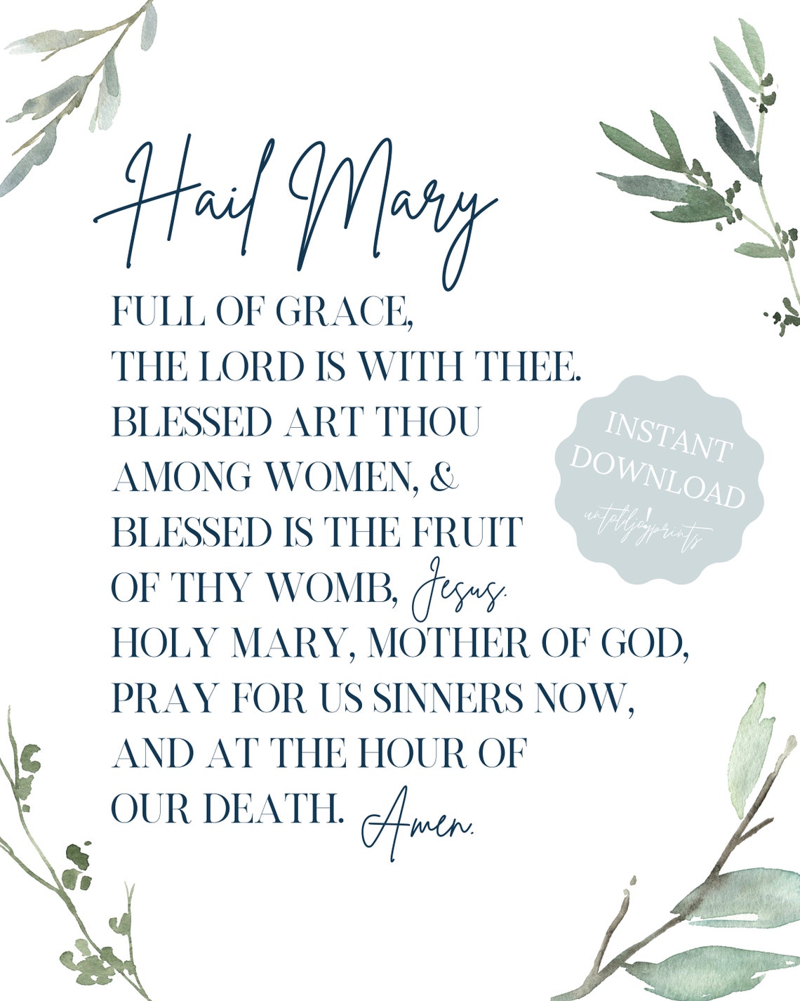 Hail Mary Prayer Digital Download Printable - Instant Download ...