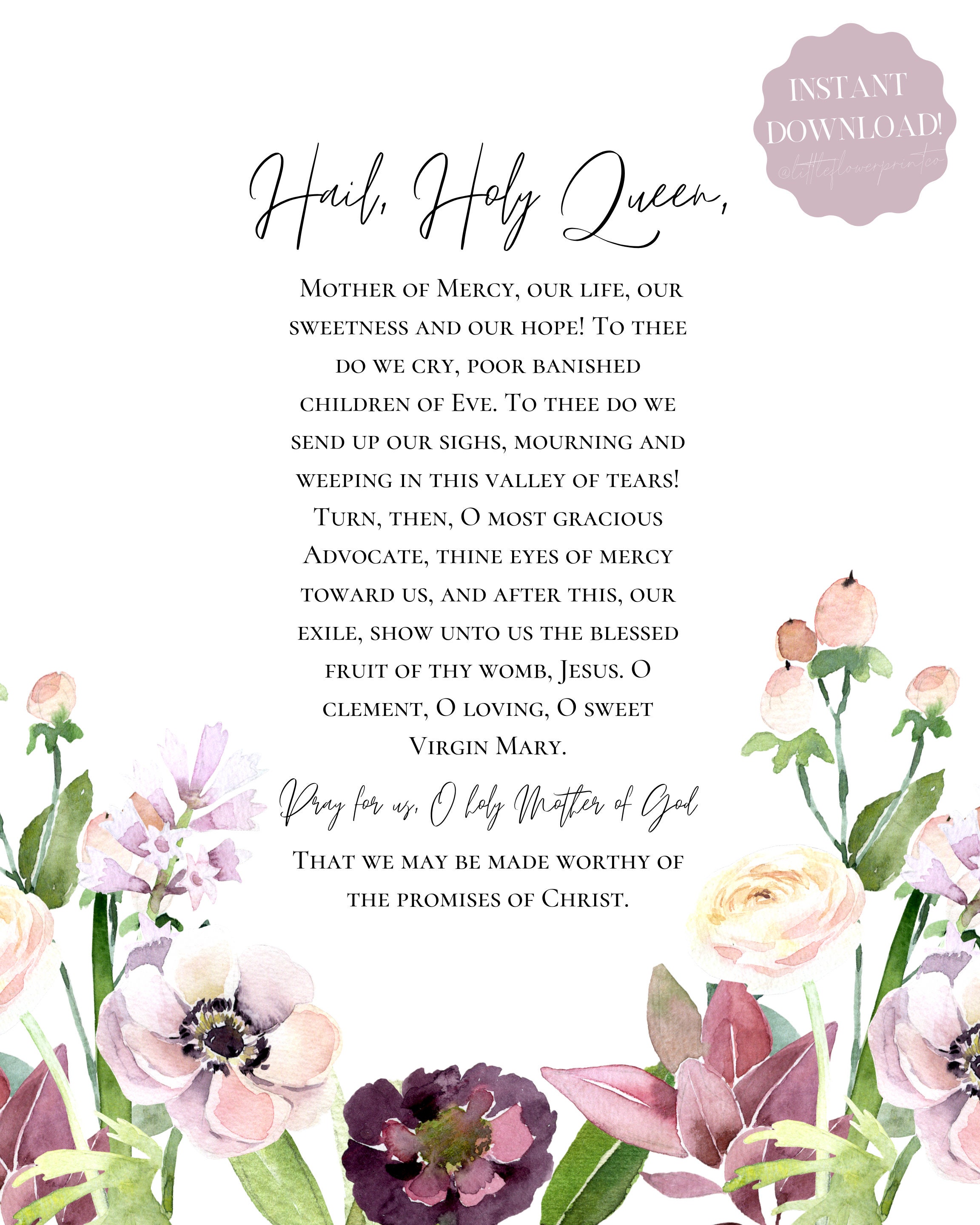 Hail Holy Queen Prayer Print With Floral Border - Catholic Prayer ...