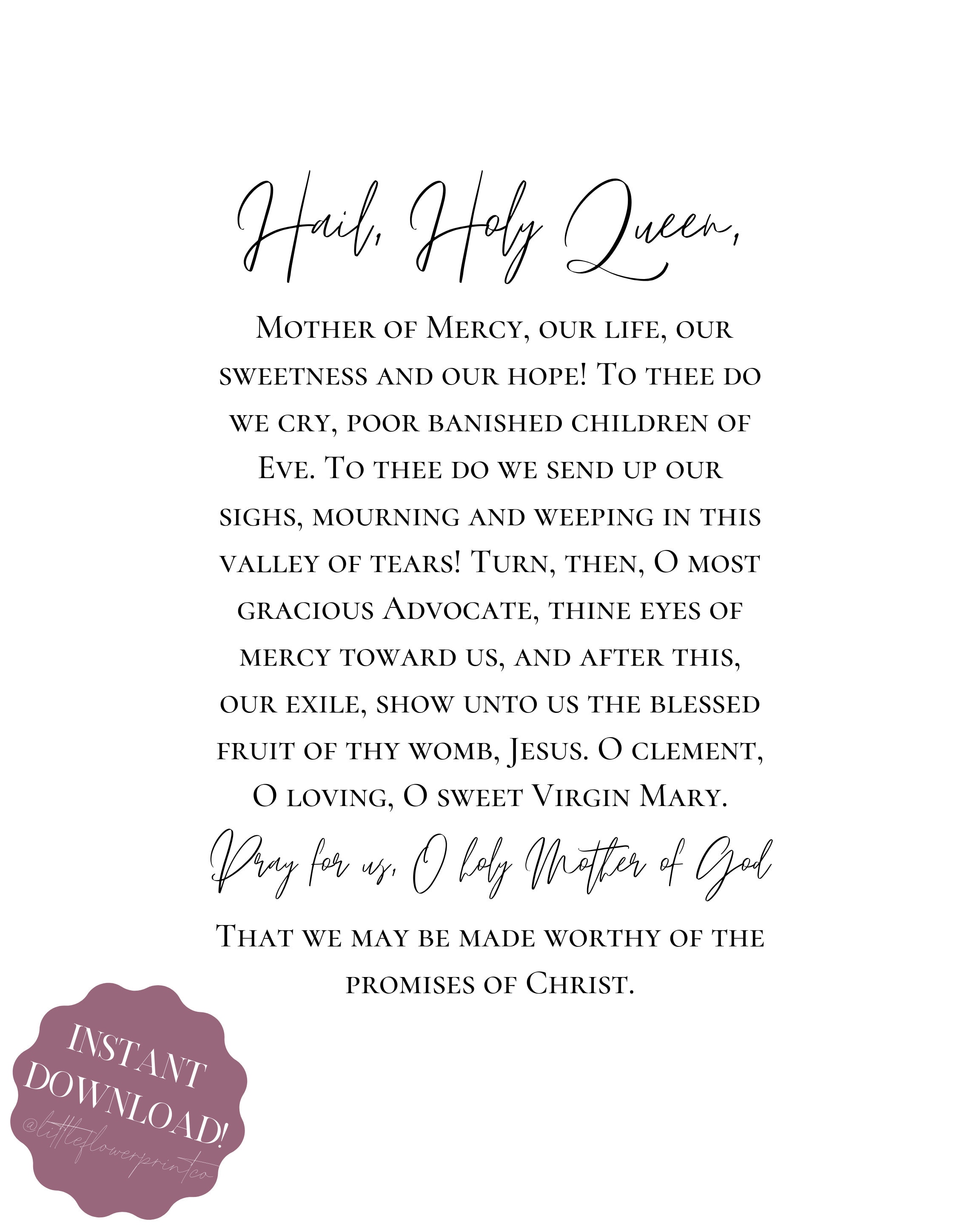 Hail Holy Queen Prayer Print - Catholic Prayer Printable Instant ...