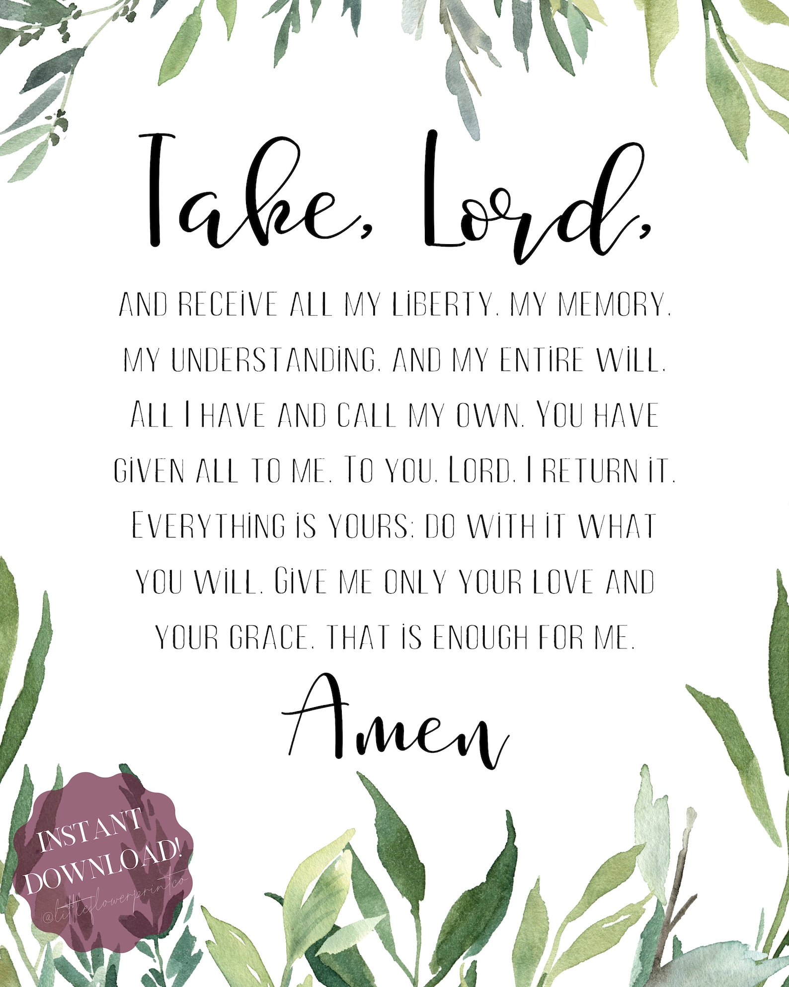 Suscipe Prayer Printable Instant Download - St. Ignatius of Loyola ...