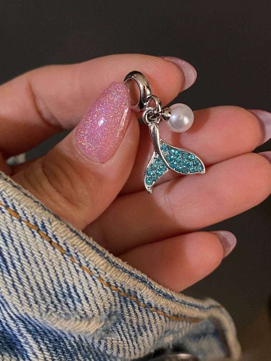 Whale Tail Charm, Blue Stone Charm, Pandora Charm, Pearl Charm, Mother ...