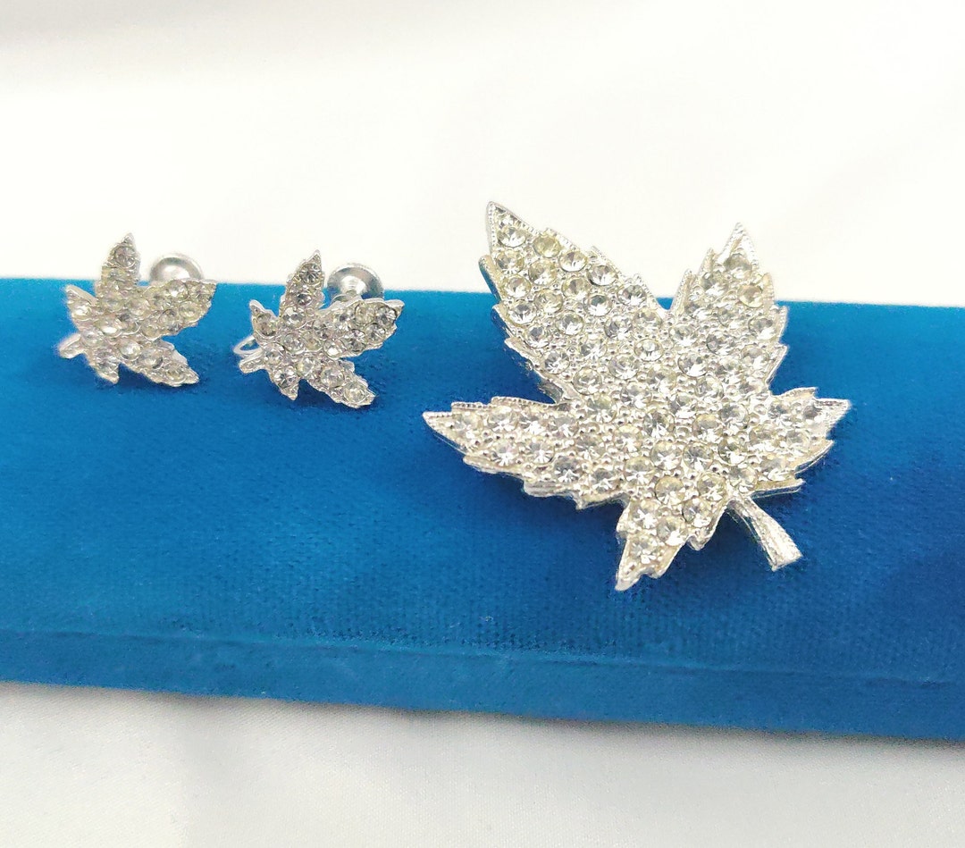 Vintage Bmco Maple Leaf Jewelry Set: Rhodium Rhinestone Earrings - Etsy ...