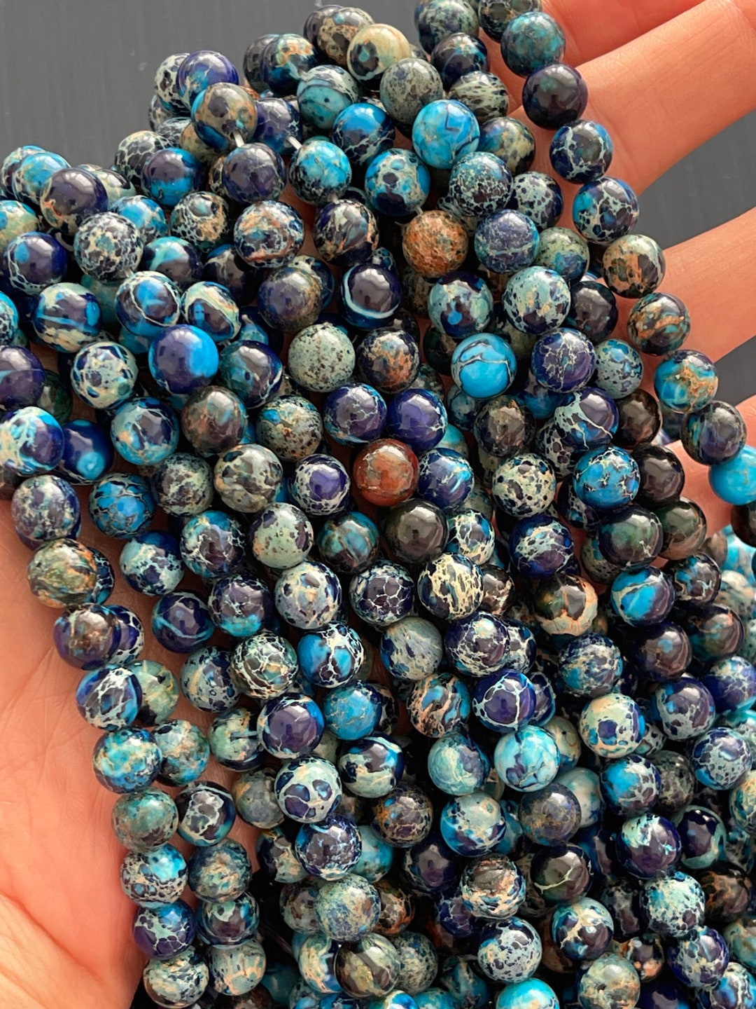 Blue Sea Sediment Jasper Beads: Round Mala Beads, 15