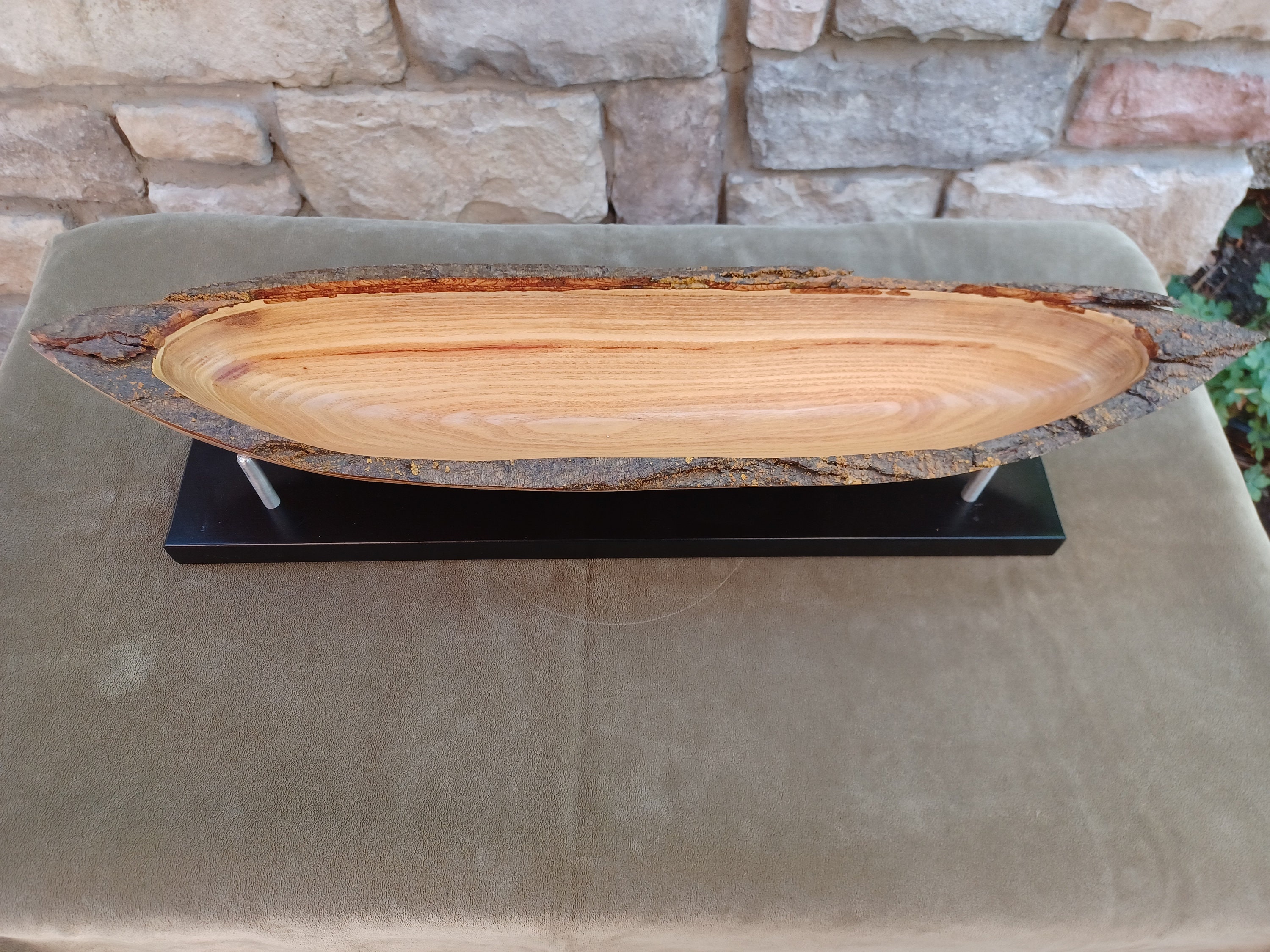 Live Edge Honey Locust Canoe Sculpture Floating on Ebonized Poplar Base ...