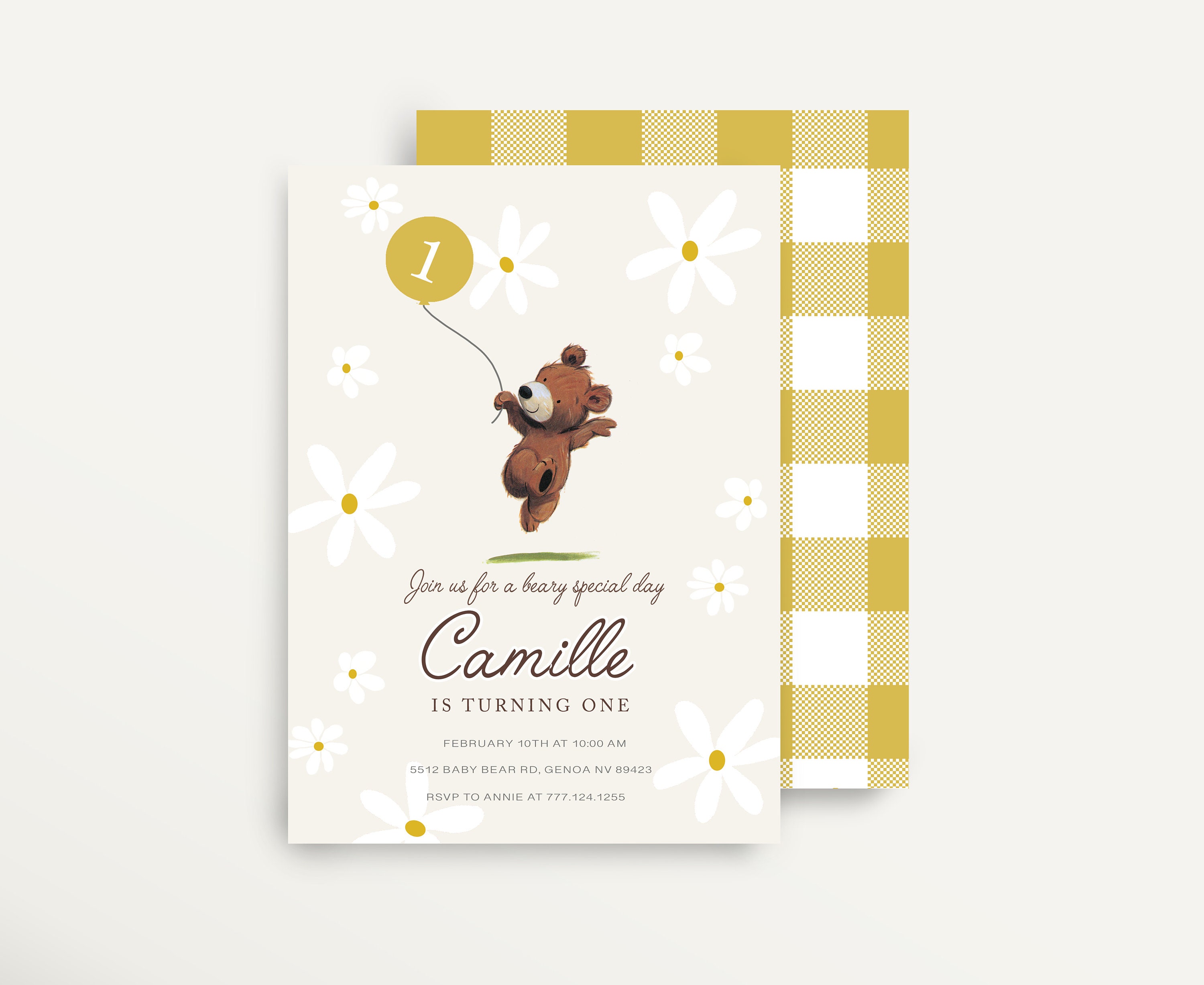 Cute Teddy Bear Birthday Invitation, Bear and Daisy Invitation ...