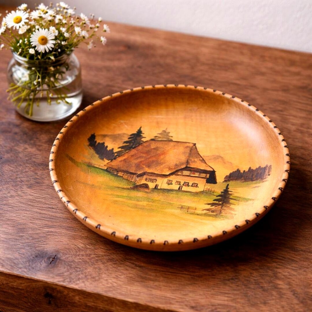 Vintage Hand Painted Folk Art Wood Plate Rustic Farmhouse Decor Cottage ...