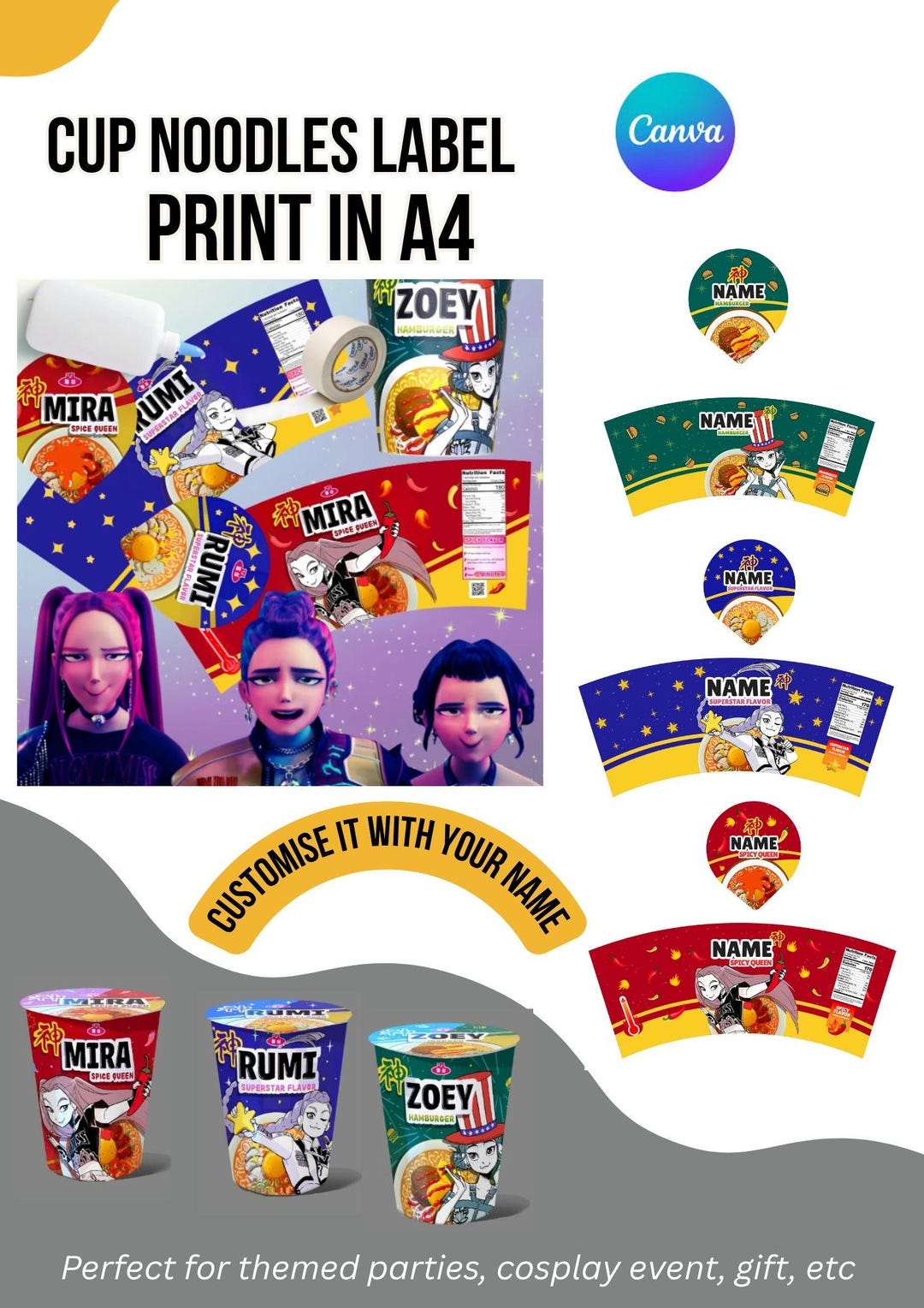 K-pop Cup Noodle Labels | Rumi, Mira & Zoey | Editable Canva Template ...
