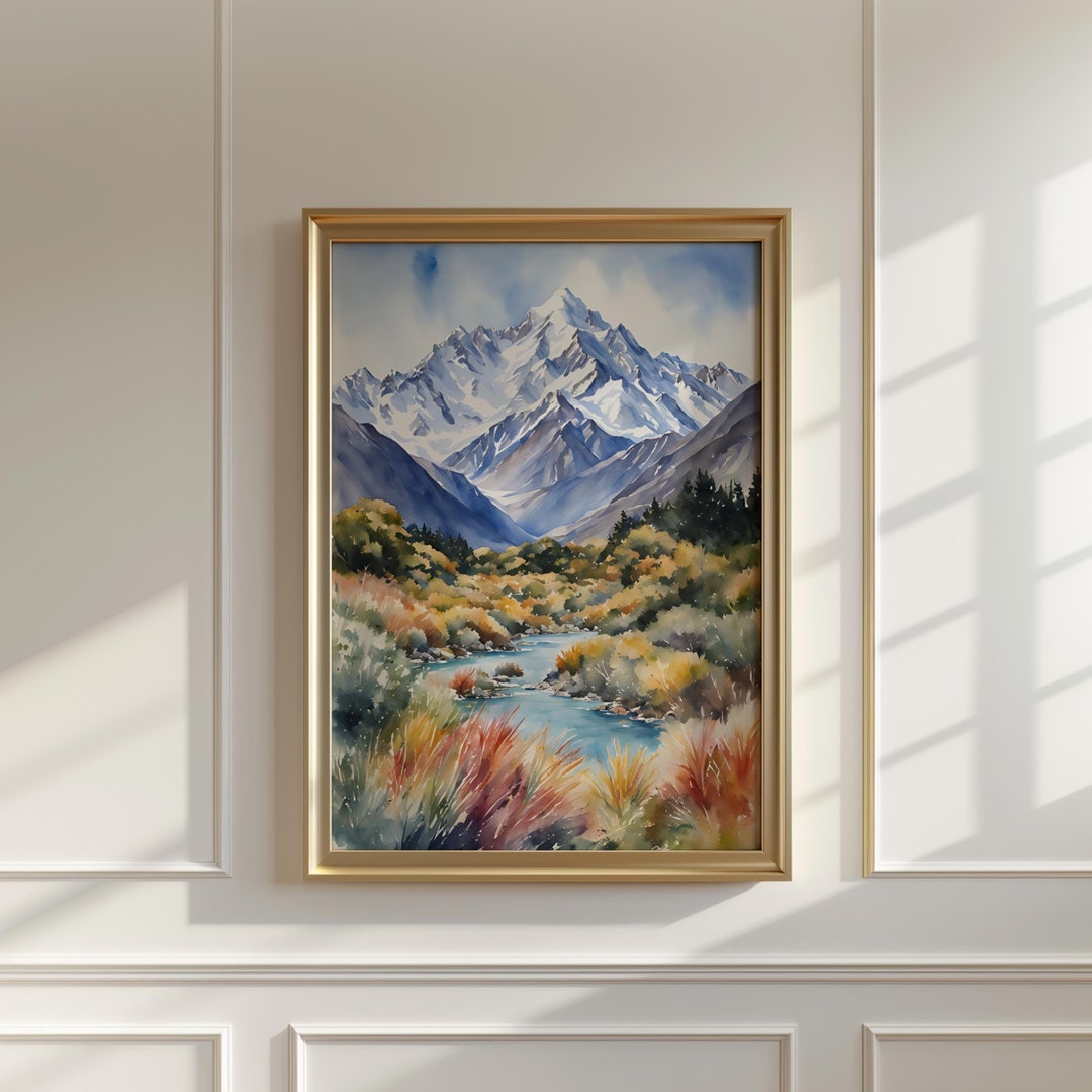 Aoraki Mount Cook Watercolor Poster, National Park Poster, New Zealand ...