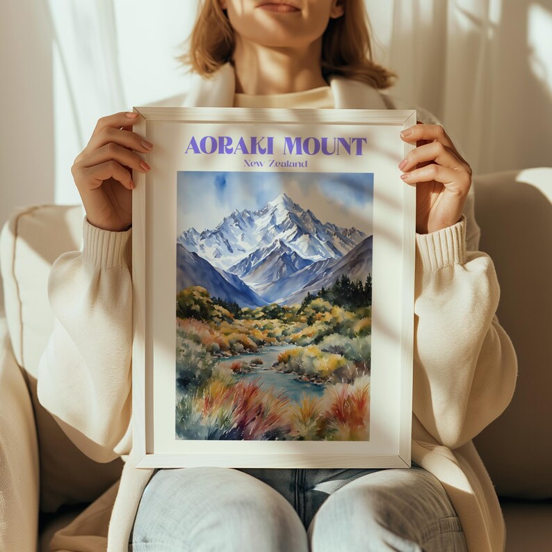 Aoraki Mount Cook Watercolor Poster, National Park Poster, New Zealand ...