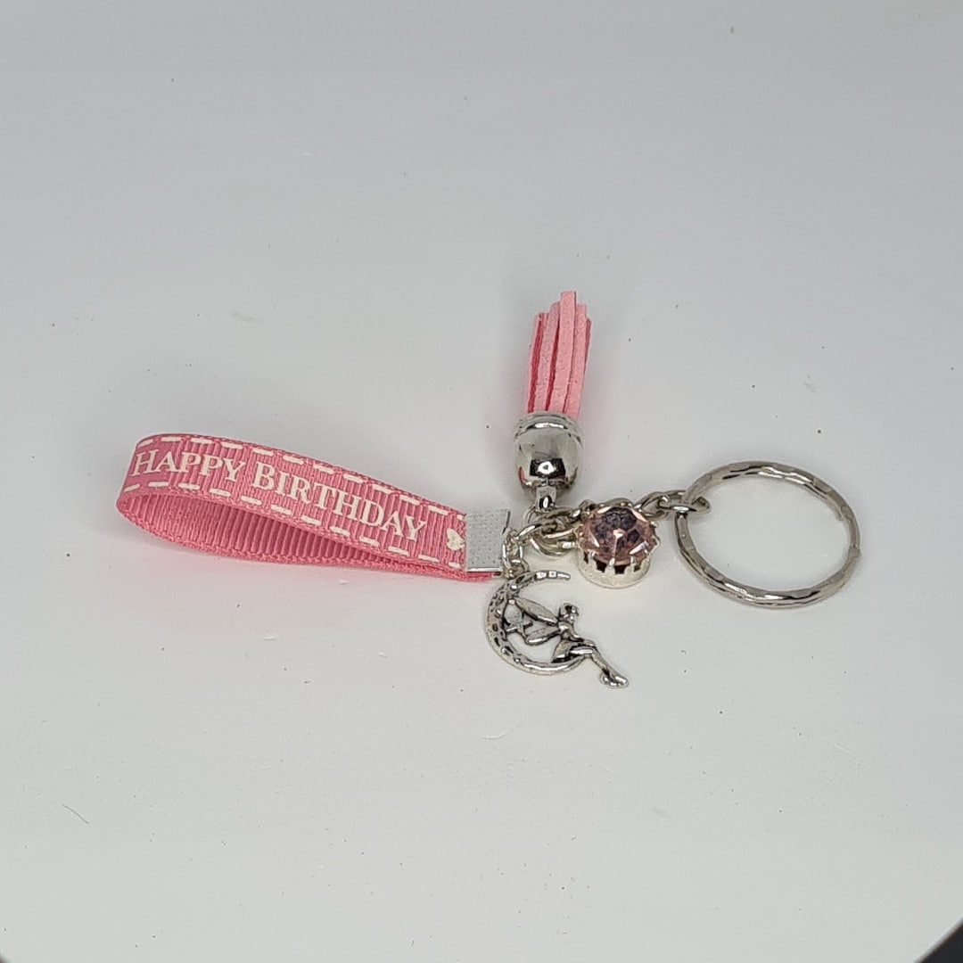 Happy Birthday Key Ring Key Chain Pink Ribbon Pink Tassel Silver Fairy ...