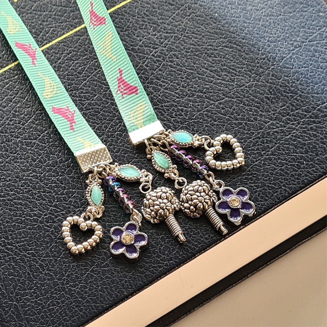 Green Ribbon Book Marker Bird Book Mark Blue Enamel Flowers Silver ...