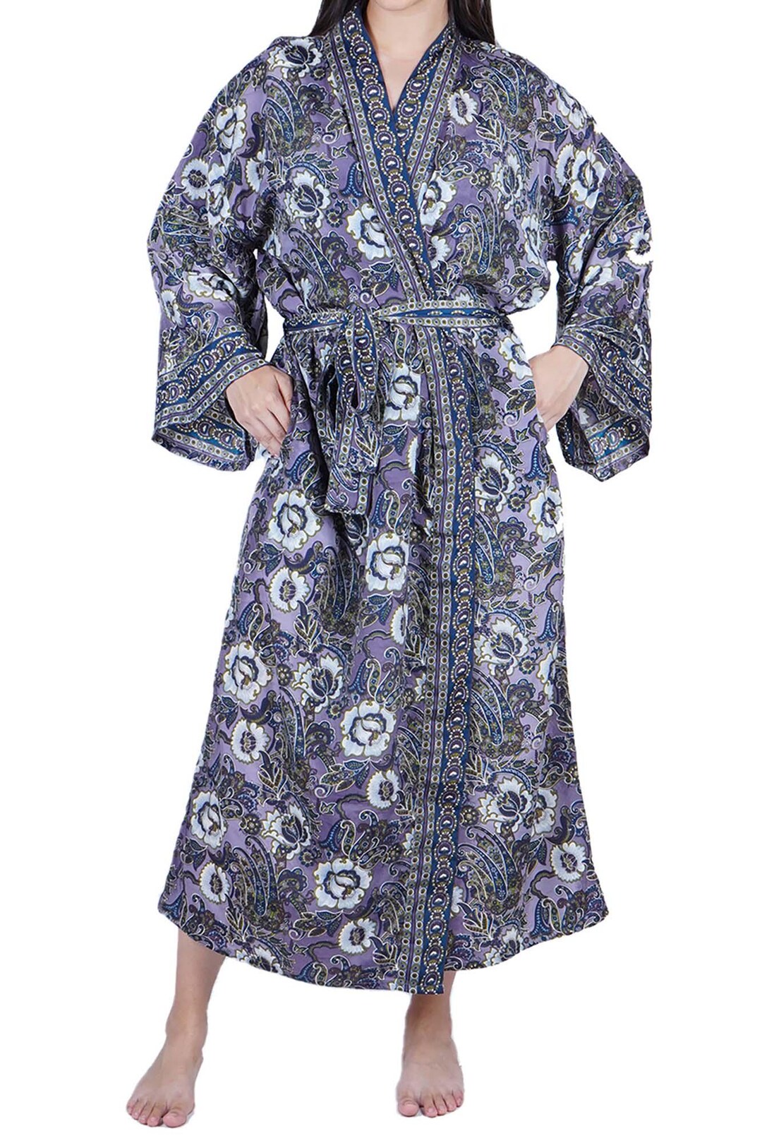 New Luxury Silk Boho Kimono House Robe - Lounge Flowy Gown - Purple ...