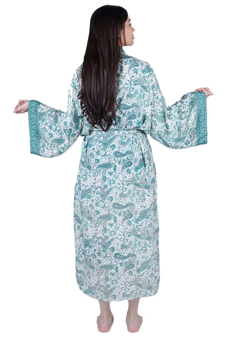 New Luxury Silk Boho Kimono House Robe - Lounge Flowy Gown - Teal Green ...