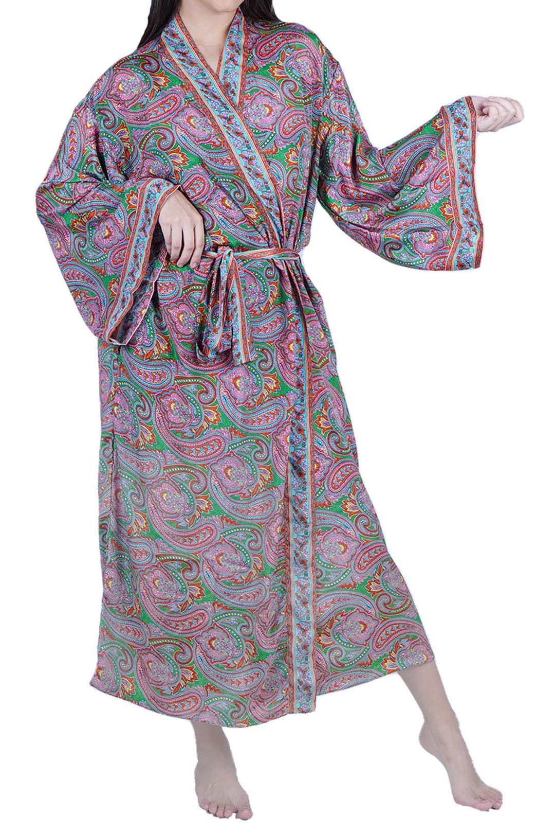 New Luxury Silk Boho Kimono House Robe - Lounge Flowy Gown - Pink Green ...