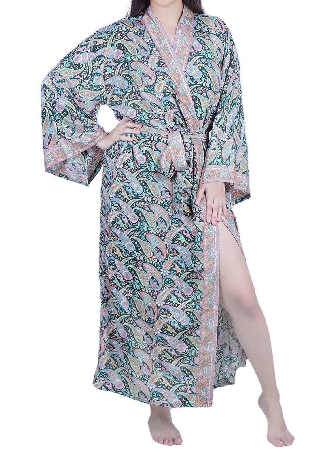New Luxury Silk Boho Kimono House Robe - Lounge Flowy Gown - Black ...