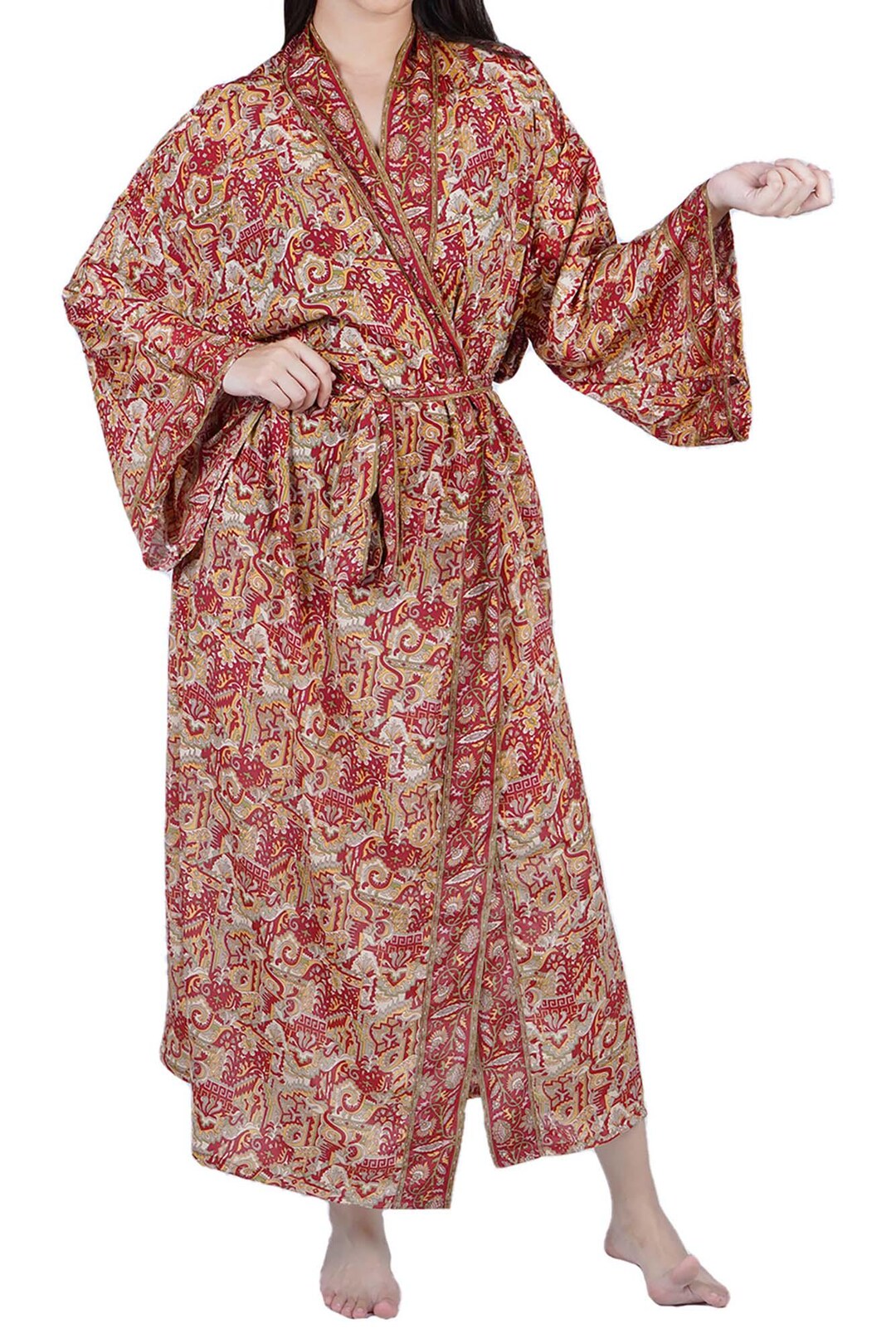 New Luxury Silk Boho Kimono House Robe - Lounge Flowy Gown - Red Floral ...