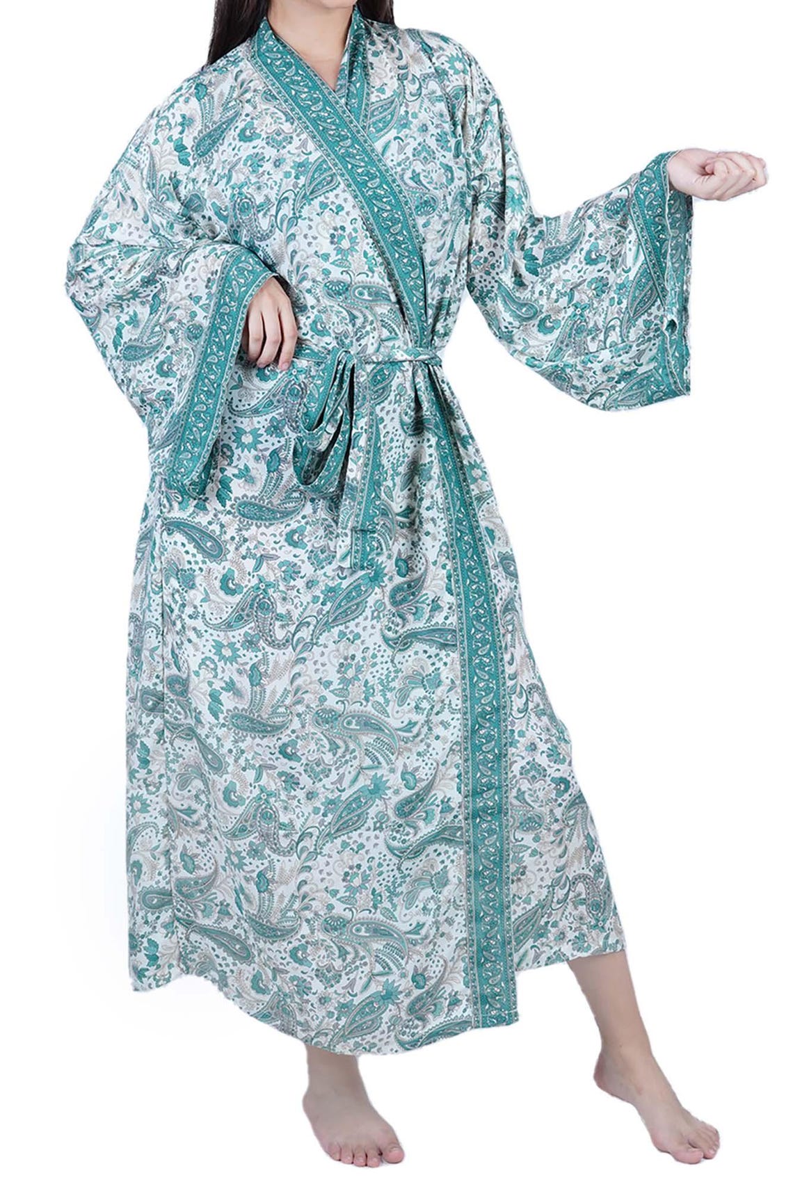 New Luxury Silk Boho Kimono House Robe - Lounge Flowy Gown - Teal Green ...