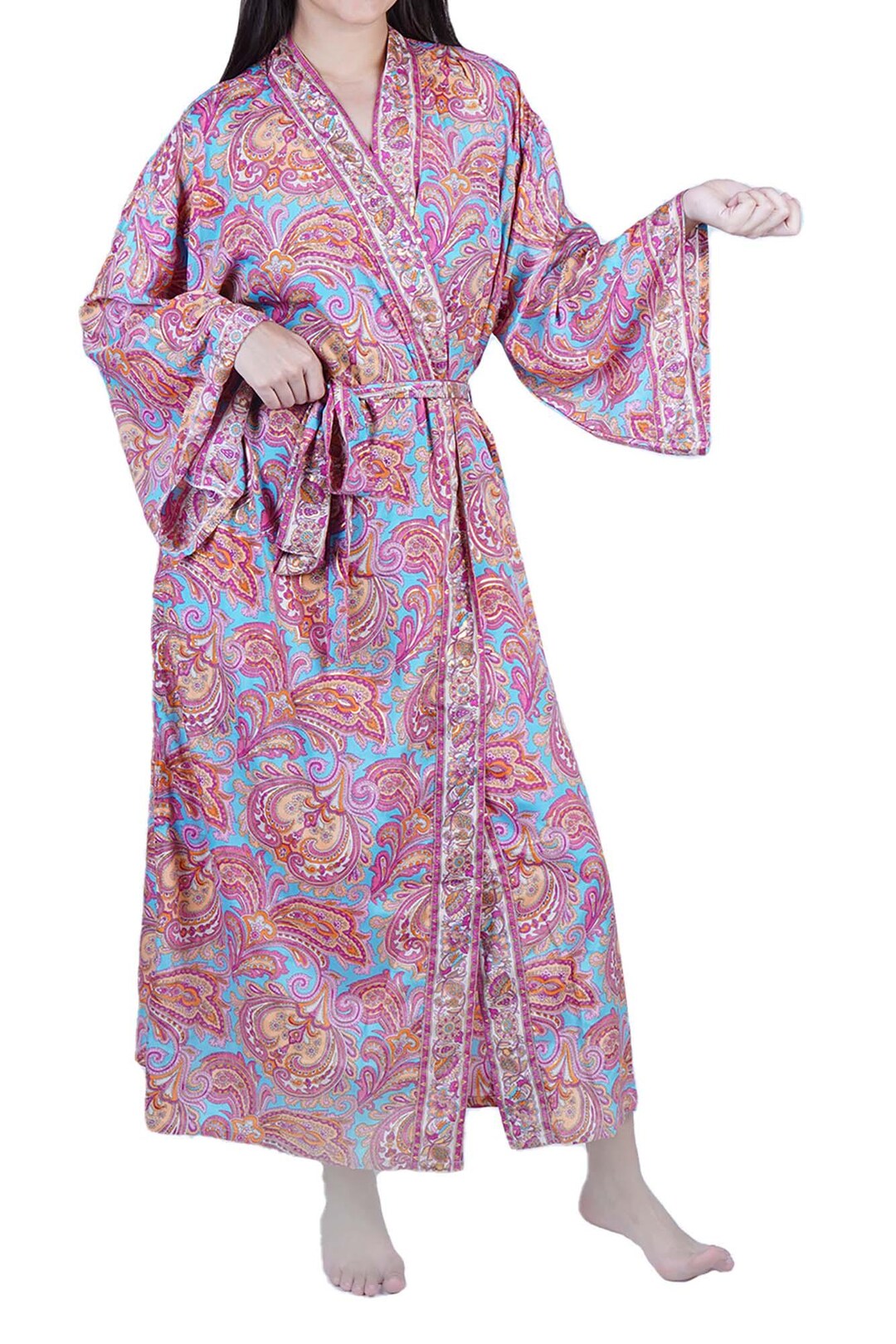 New Luxury Silk Boho Kimono House Robe - Lounge Flowy Gown - Pink ...