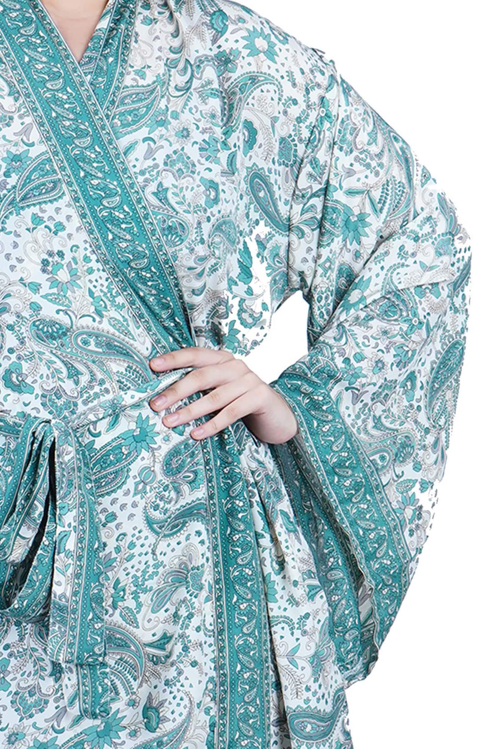 New Luxury Silk Boho Kimono House Robe - Lounge Flowy Gown - Teal Green ...
