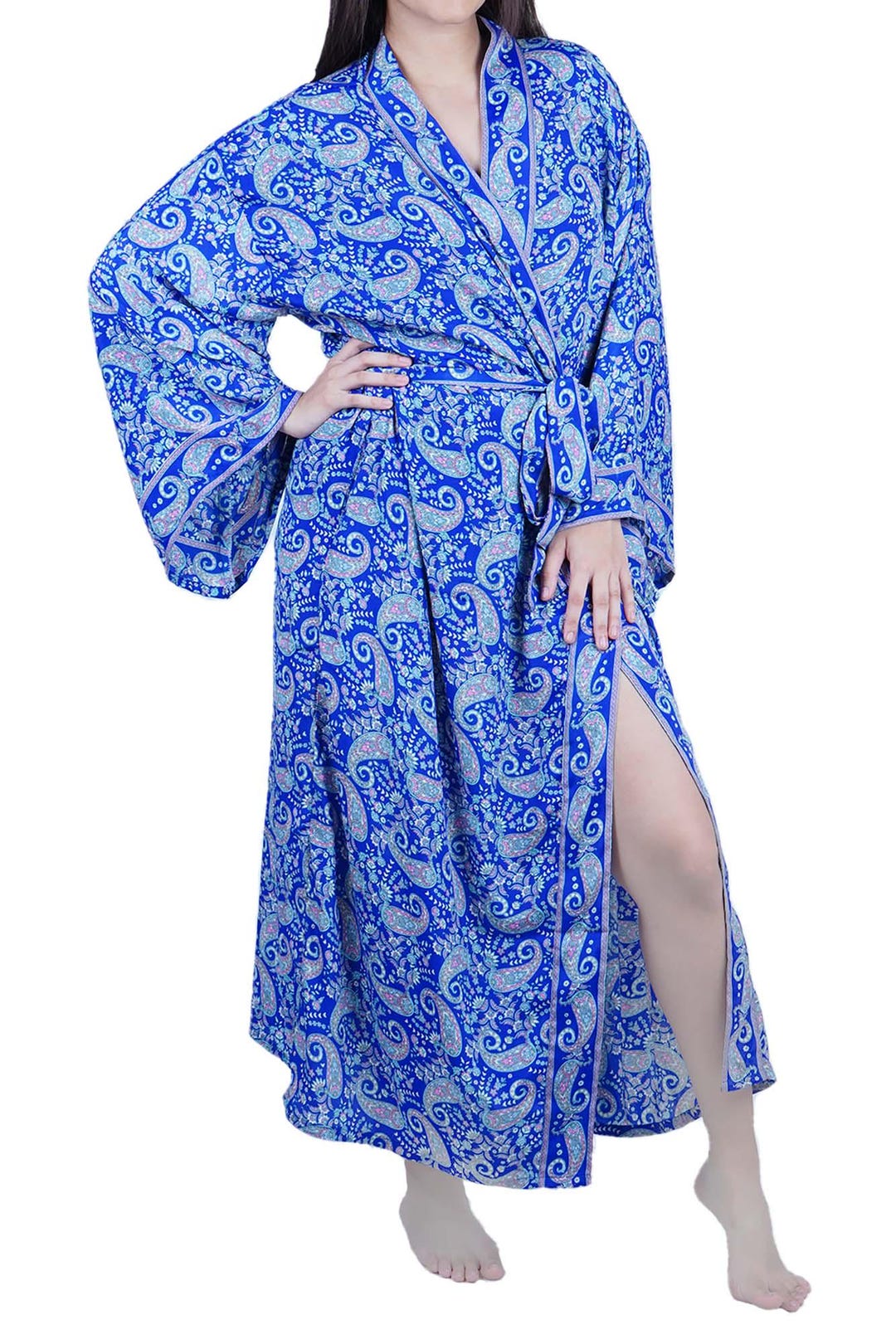 New Luxury Silk Boho Kimono House Robe, Lounge Flowy Gown - Blue ...