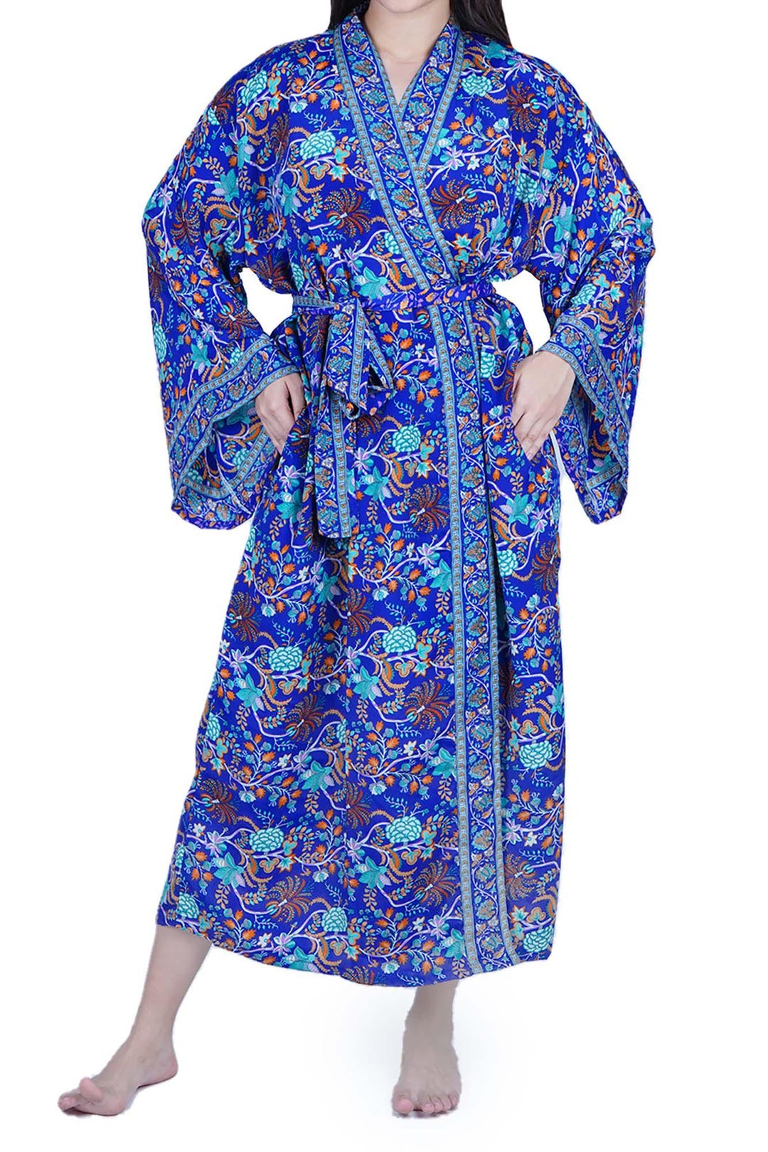New Luxury Silk Boho Kimono House Robe - Lounge Flowy Gown - Royal Blue ...