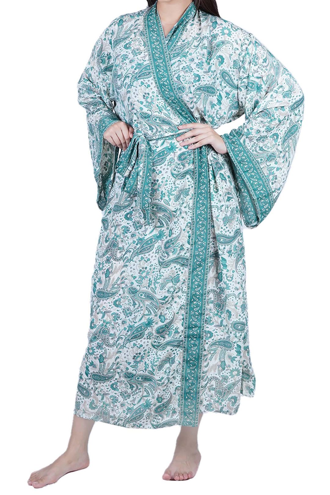New Luxury Silk Boho Kimono House Robe - Lounge Flowy Gown - Teal Green ...