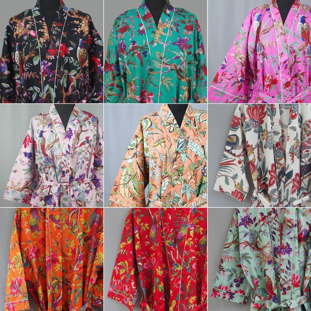 Kimono Robes Dressing Gowns, Tropical Birds Prints Block Print Light ...