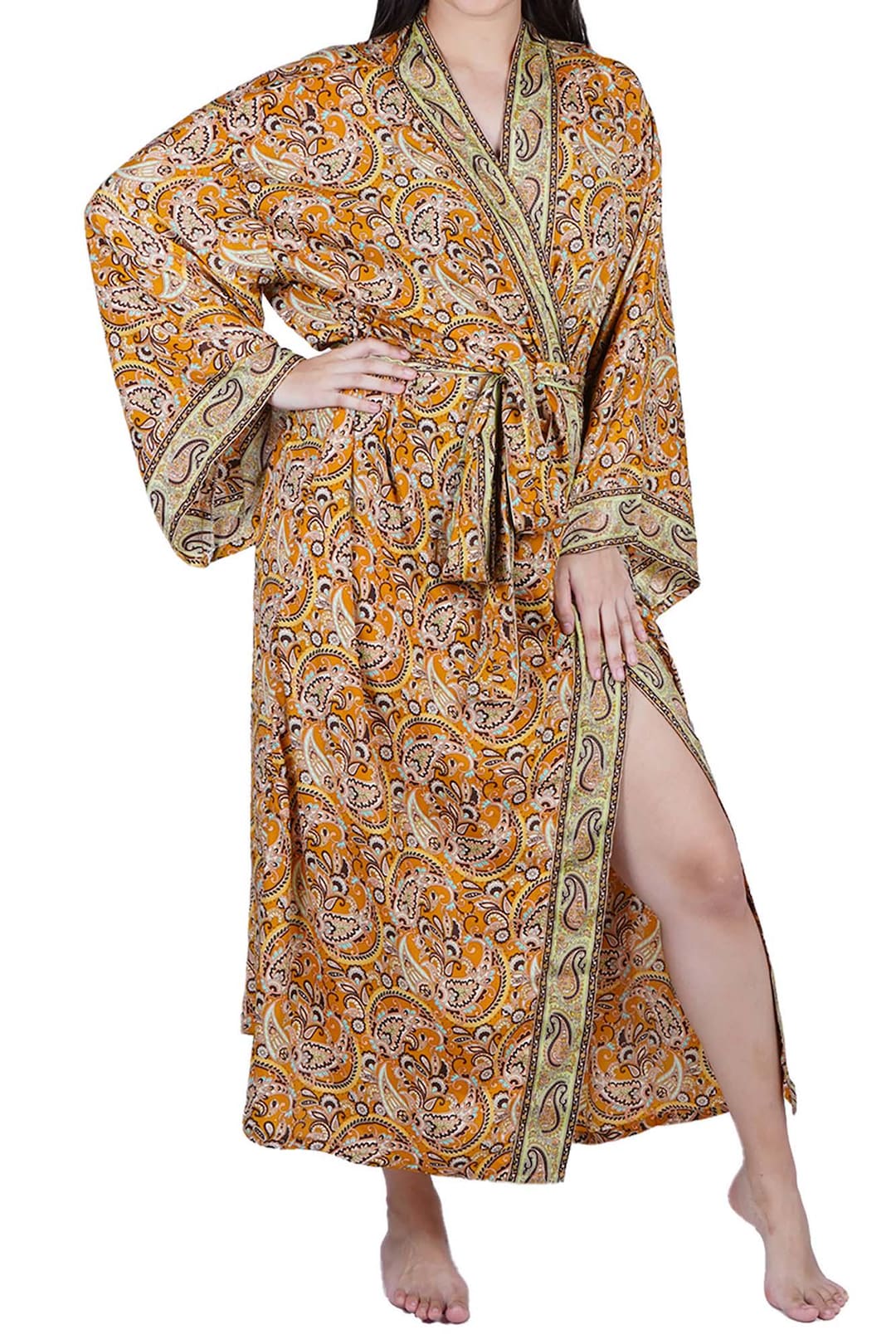 New Luxury Silk Boho Kimono House Robe - Lounge Flowy Gown - Mustard ...
