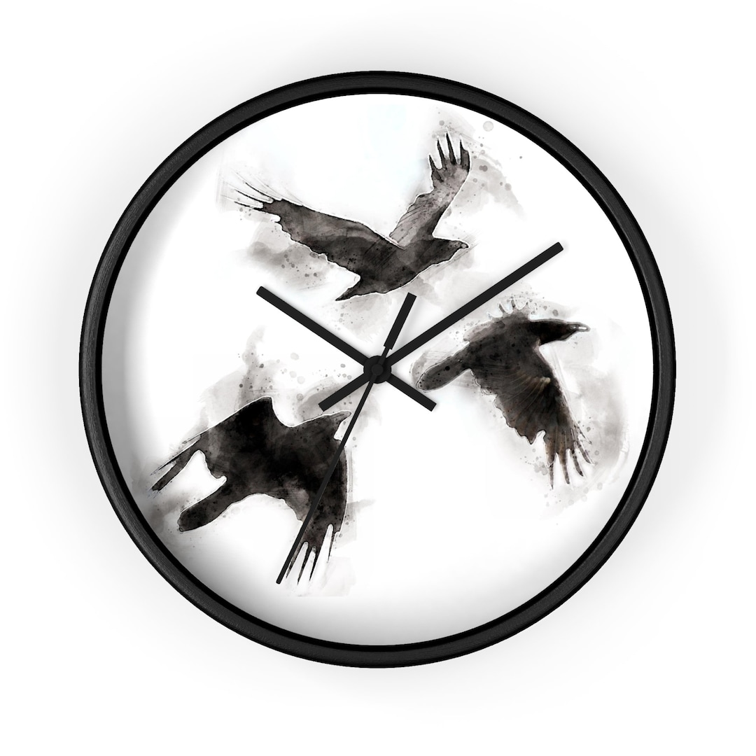 Ravens Clock, a Watercolour Style Analogue Clock Featuring Flying ...