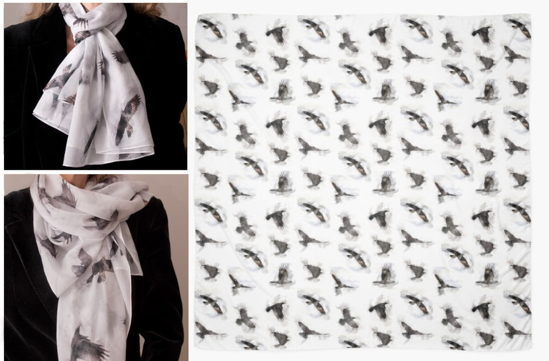 Crow Scarf, Polyester Chiffon Scarf / Shawl of Watercolour Style Birds ...