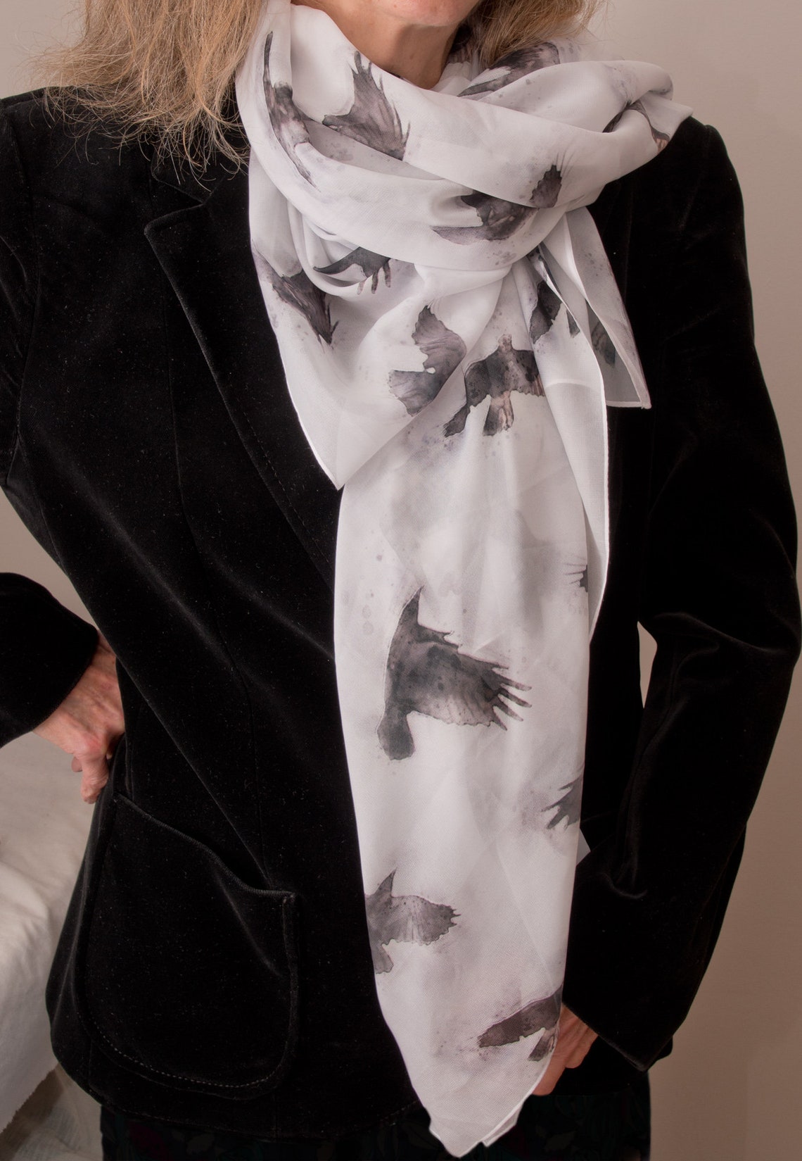 Crow Scarf, Polyester Chiffon Scarf / Shawl of Watercolour Style Birds ...