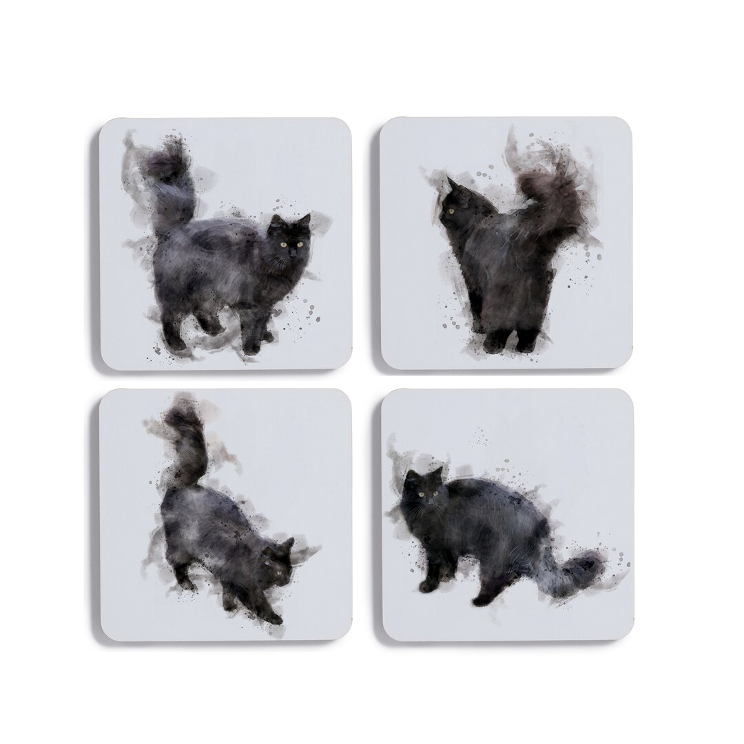 Fluffy Black Cat Coasters- a Set of Cute and Elegant Watercolour Style ...