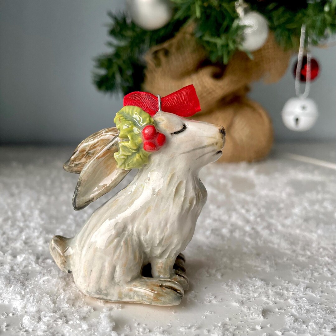 White Hare With a Holly Leaf, Hanging Christmas Tree Ornament - Etsy