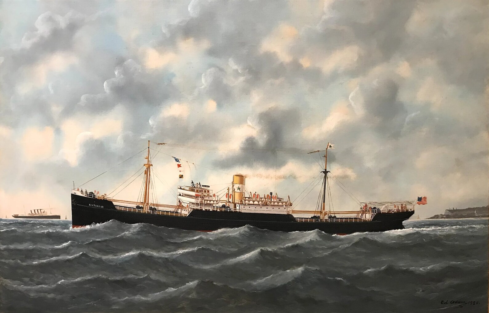 Edward (edouard) Adam Ship Oil Painting, American Steamer “antinous ...