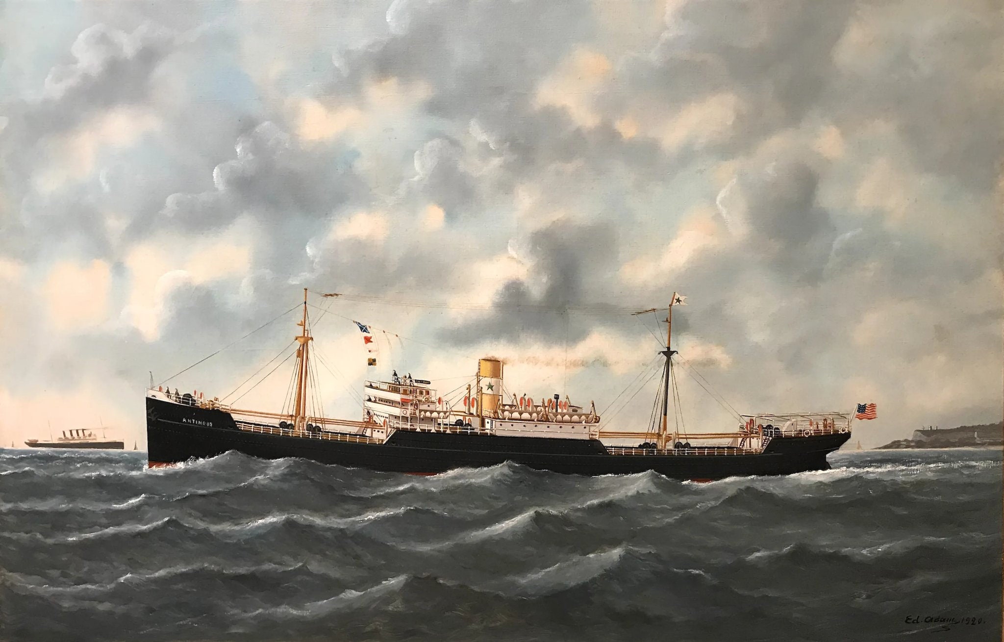 Edward (edouard) Adam Ship Oil Painting, American Steamer “antinous ...