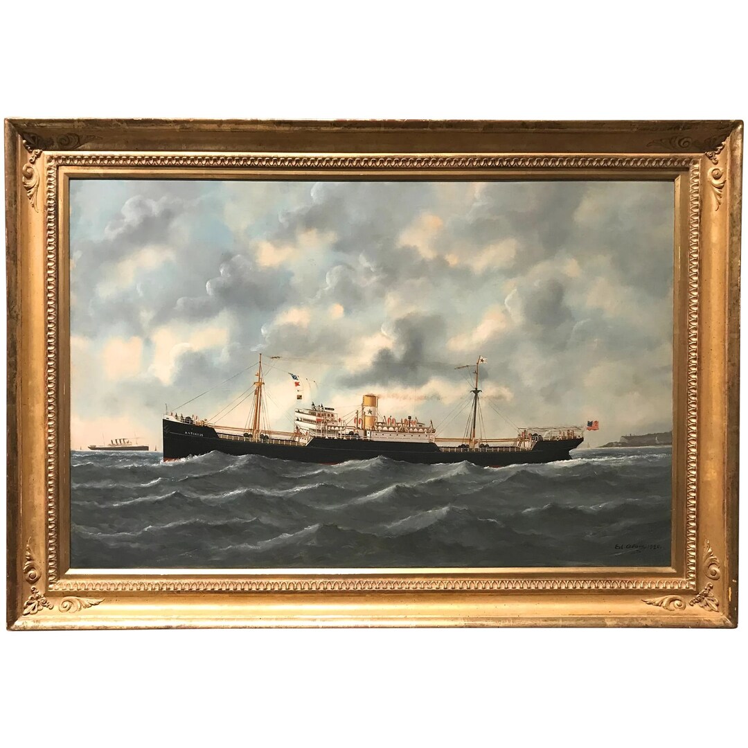 Edward (edouard) Adam Ship Oil Painting, American Steamer “antinous ...